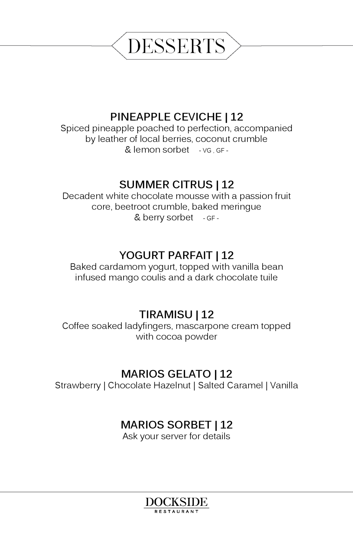 DESSERT MENU | Dockside Restaurant Vancouver